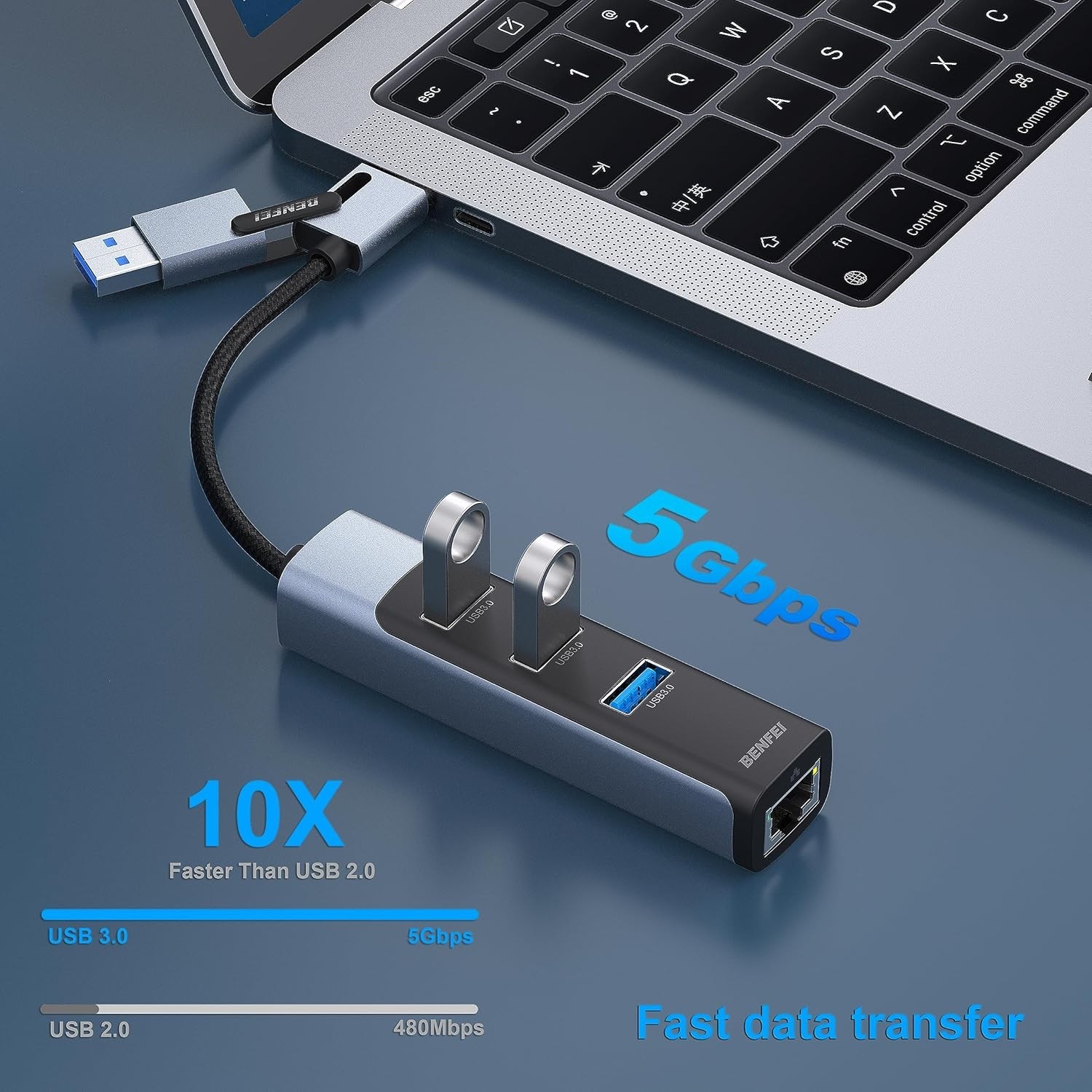 BENFEI 000350GY 2-in-1 USB-C+USB 3.0 to RJ45 Gigabit Ethernet Port + 3-Port USB 3.0 HUB