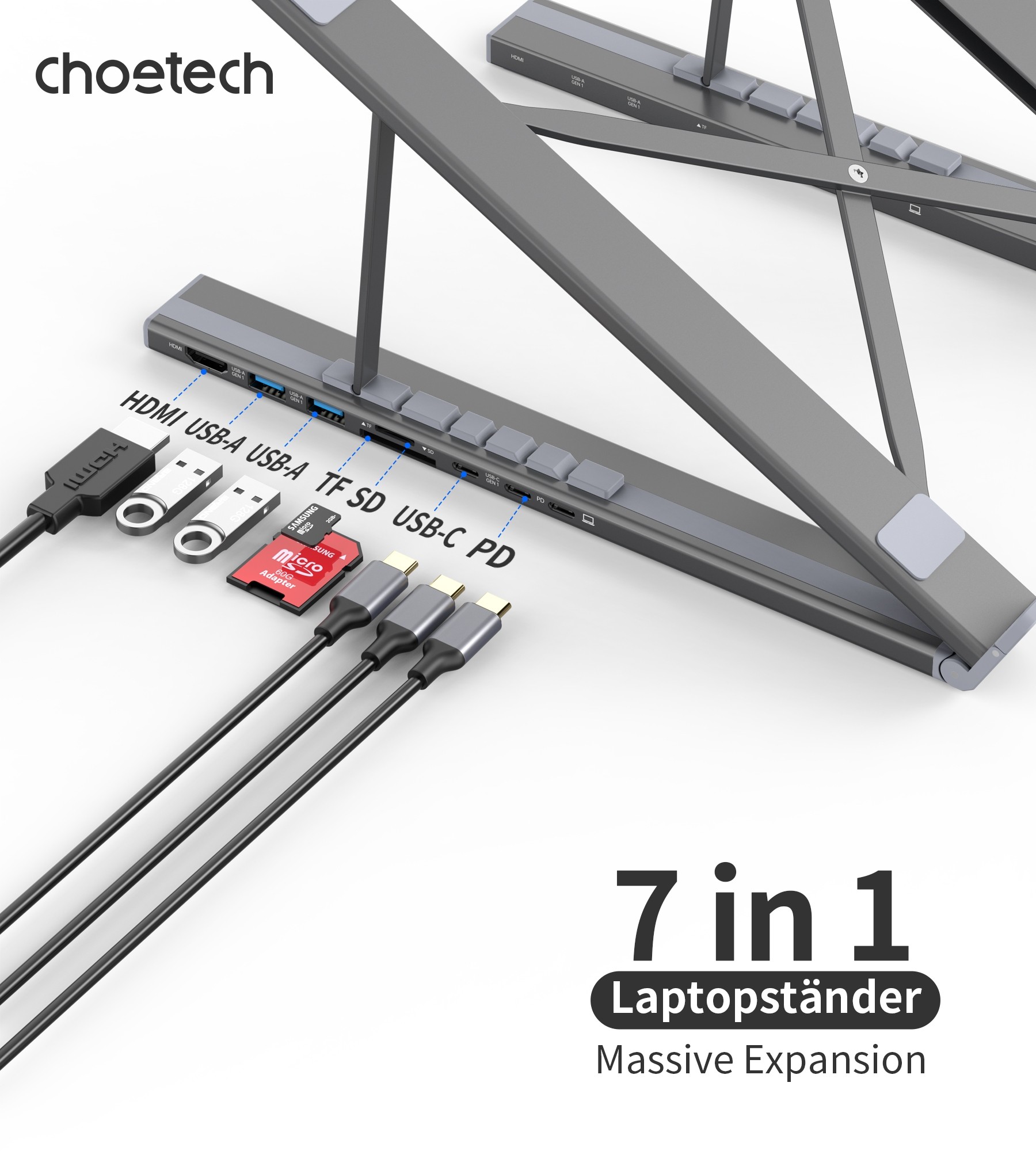 Choetech HUB-M48 7in1 HUB + Foldable Laptop stand USB-C to (HDMI 4K/USB ...