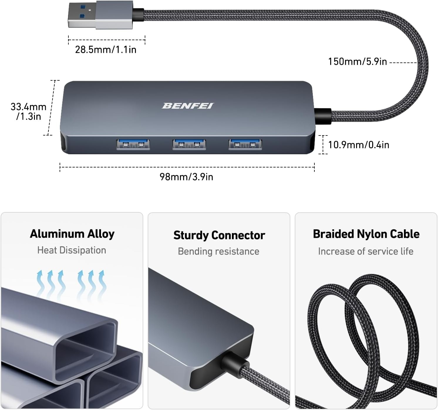 BENFEI 000305GY USB 3.0 Hub, 4 Ports USB A Splitter Ultra-Slim USB ...