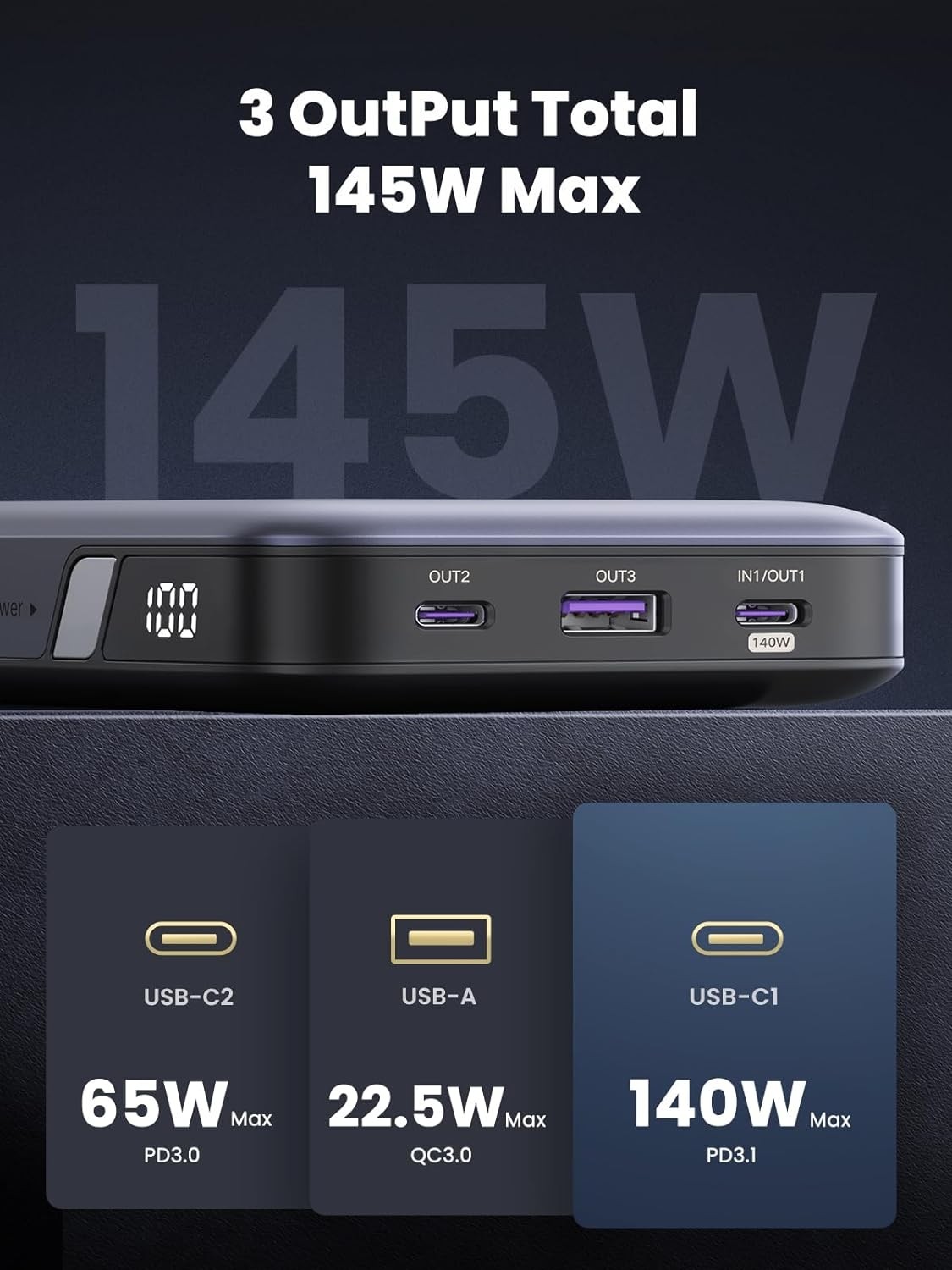 UGREEN 90597A 25000mAh PD 145W power Black - Power Bank - Mobile Accessories