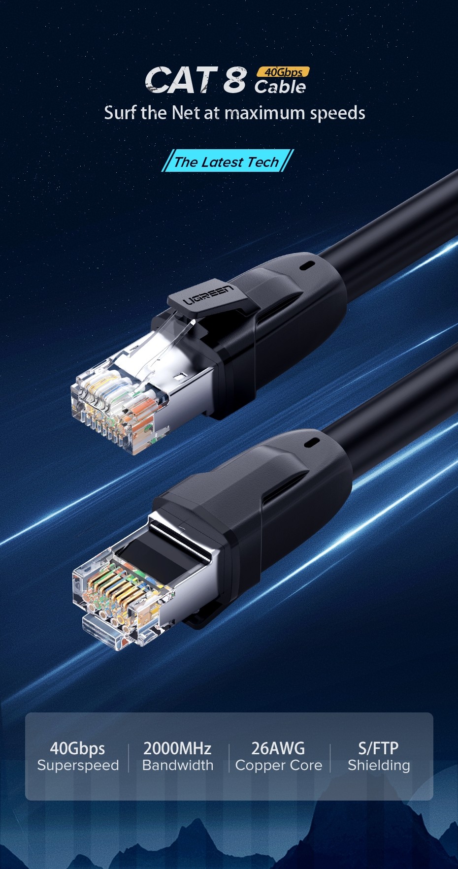 UGREEN 70327 Cat8 Cable - Pure Copper Patch Cord 1M (Black)