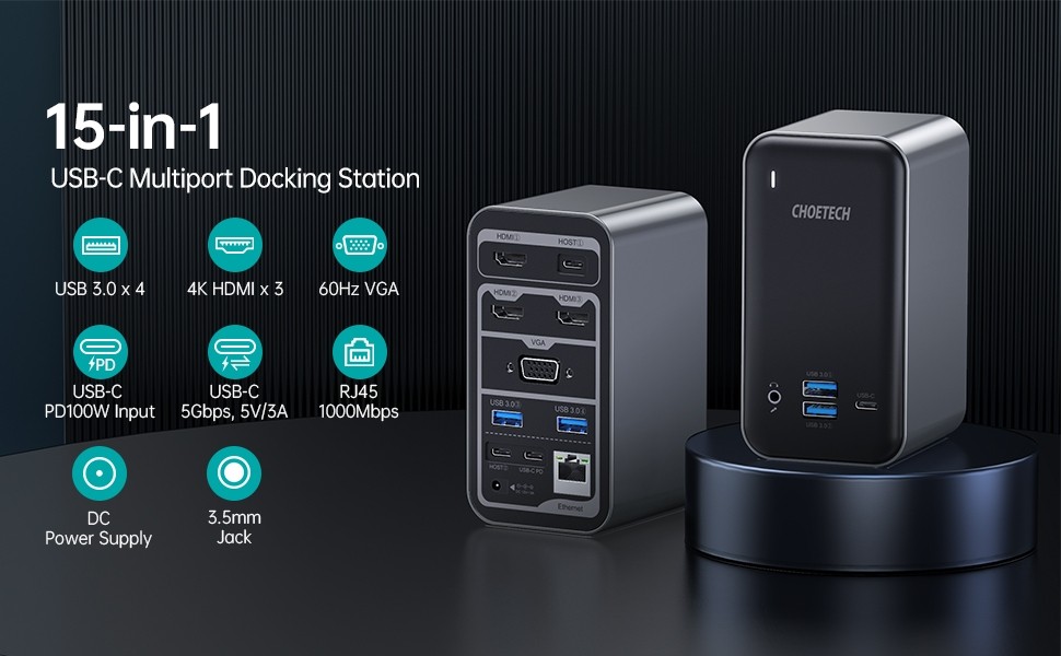 Choetech Hub M21 15 In 1 Usb C Laptop Docking Station 3xhdmi 4k Video
