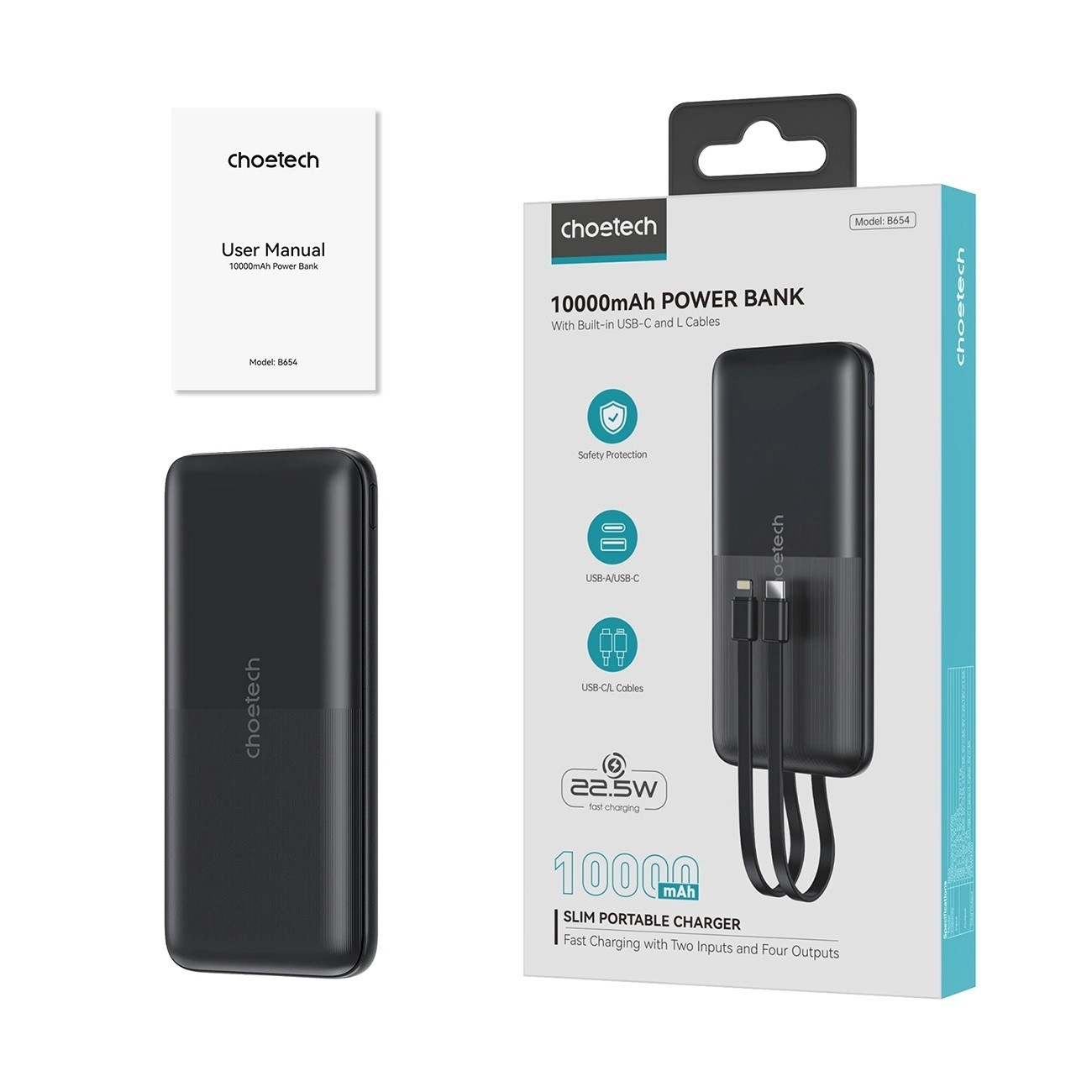 Choetech B654 10000mAh Pwer Bank 22.5W USB-A / USB-C / micro USB with ...