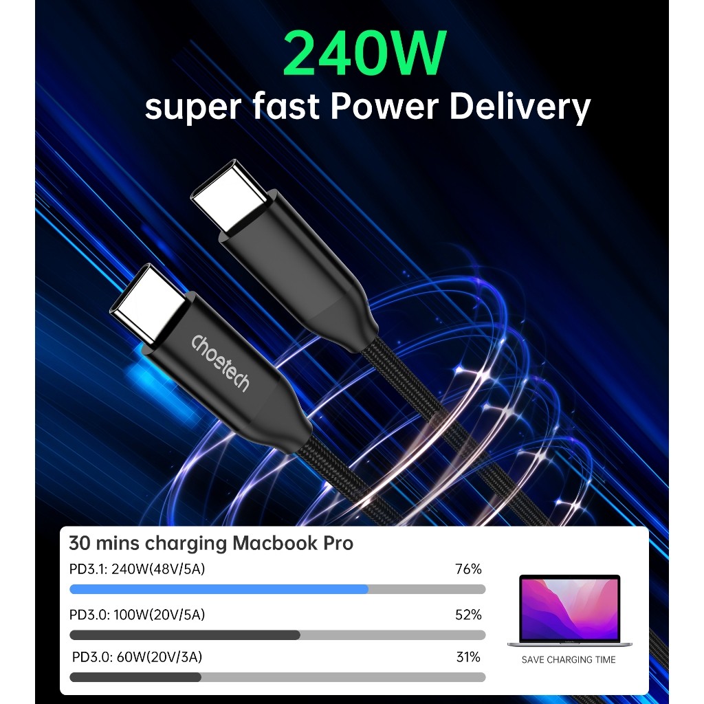 Choetech XCC-1035 USB-C M to M PD3.1 240W 5A, 48V Super Fast Charging ...